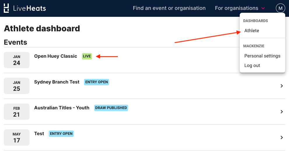Using the Athlete dashboard to view and manage your events – Liveheats ...